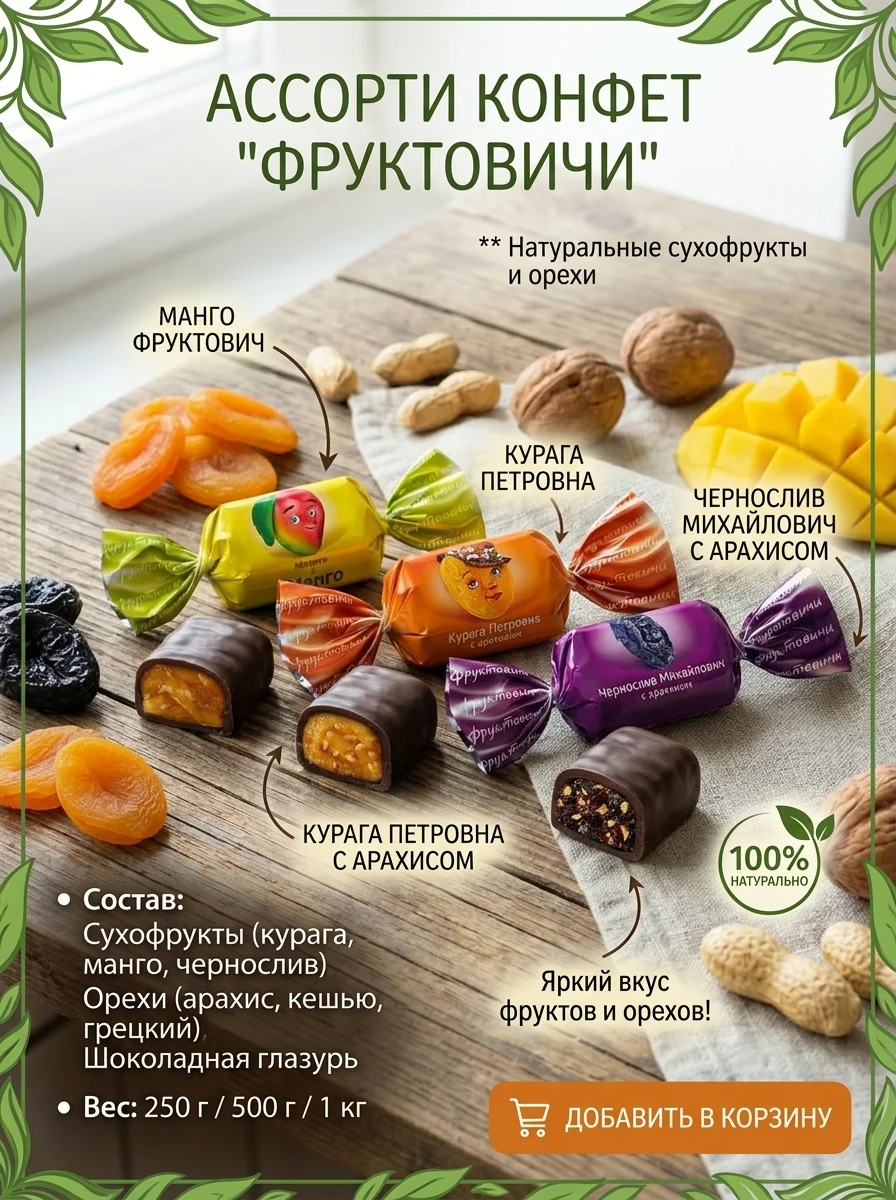 Конфеты KDV "Фруктовичи", ассорти, 500 г, картонная упаковка