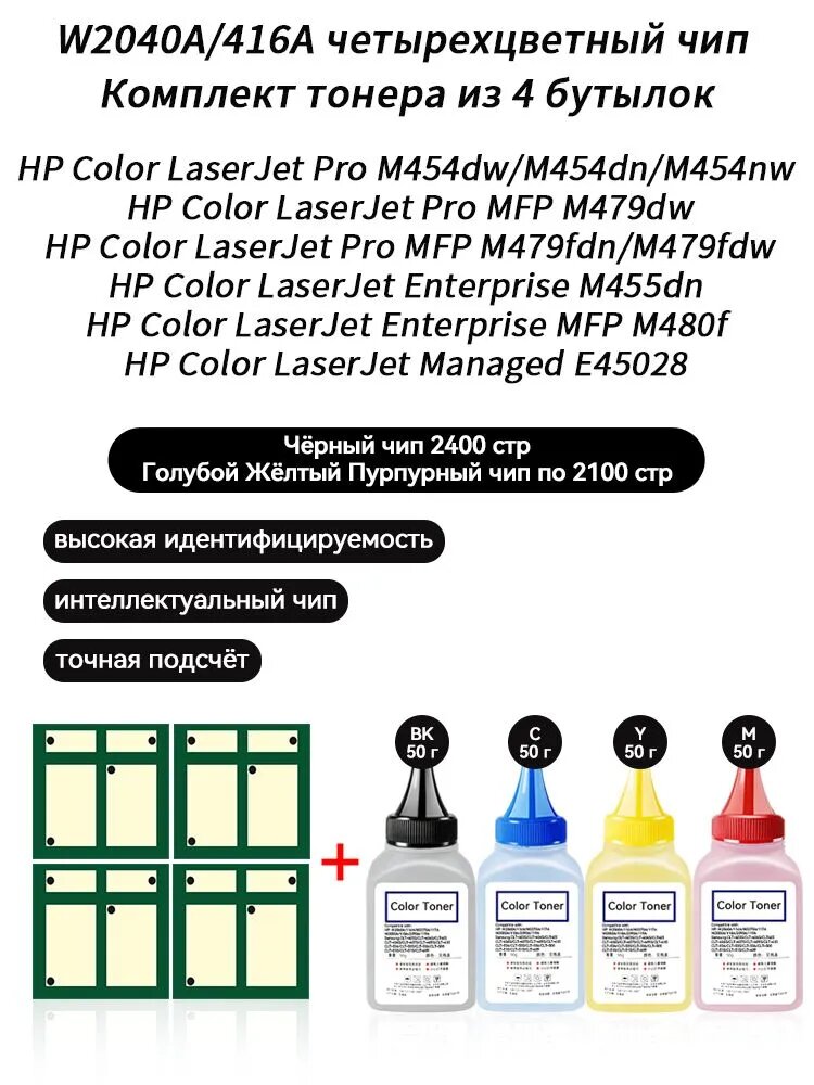 Тонер W2040A (набор) HP416A тонер 50г + чип для картриджей HP Color LaserJet Pro M454dn M454dw M479dw M479fdn M479fdw M454nw M455dn M480f E45028, совместимый, Набор CMYK, 4 шт