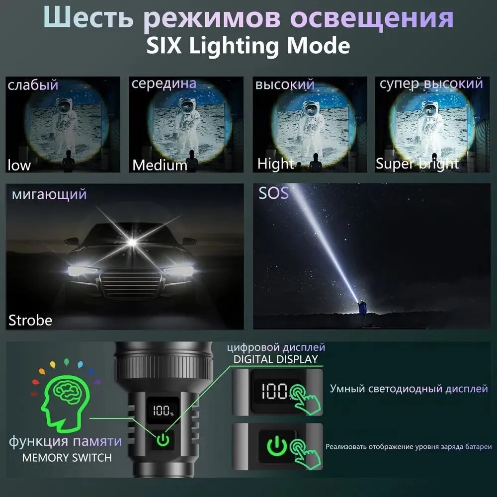 Фонарь-прожектор, сверхвысокие люмены, IPX6 водонепроницаемый, 3000+ расстояние освещения, 20000 люмен — фото 1
