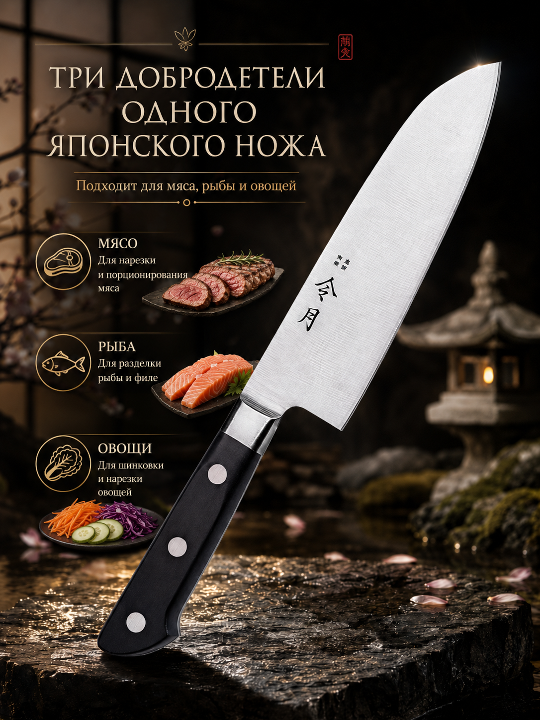 Нож кухонный Сантоку Шеф Tojiro (FC-1051), для мяса, рыбы, шинковки овощей и зелени длина лезвия 16,5 см, Япония