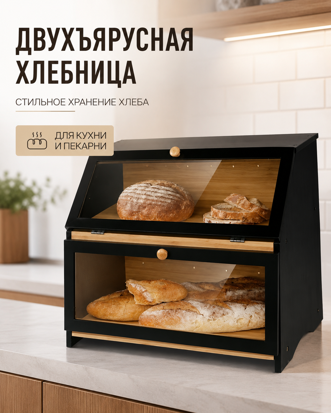 Двухъярусная деревянная хлебница с прозрачным стеклом для кухни 39.5*25*32
