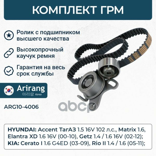 Ремень ГРМ + комплект роликов Hyundai Accent (Тагаз) 1,6кл, Getz 1.4/1.6 16кл, E Arirang арт. ARG104006