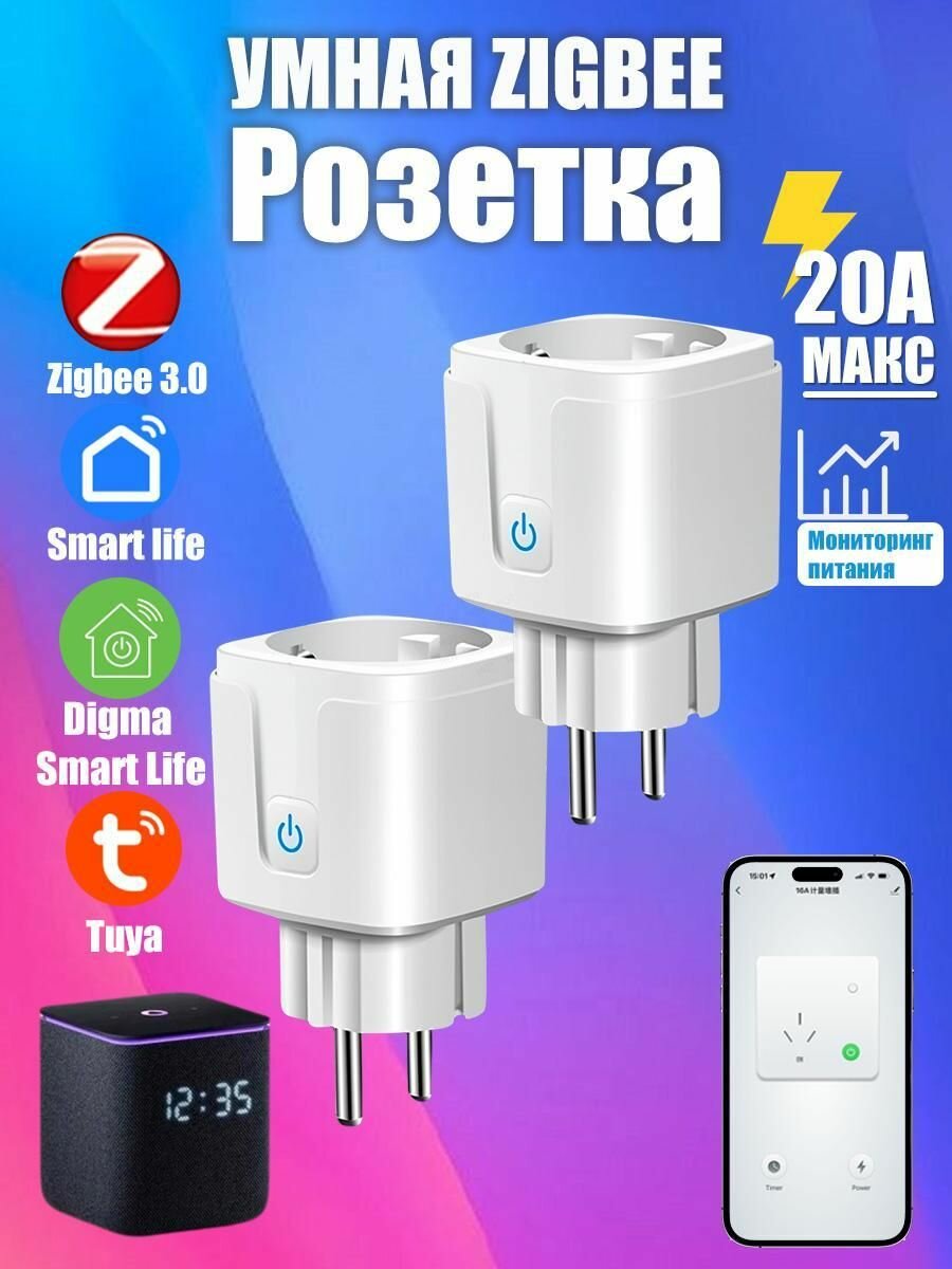 2шт Умная розетка ZigBee 3.0 EU 20A с Алисой, таймер и мониторинг