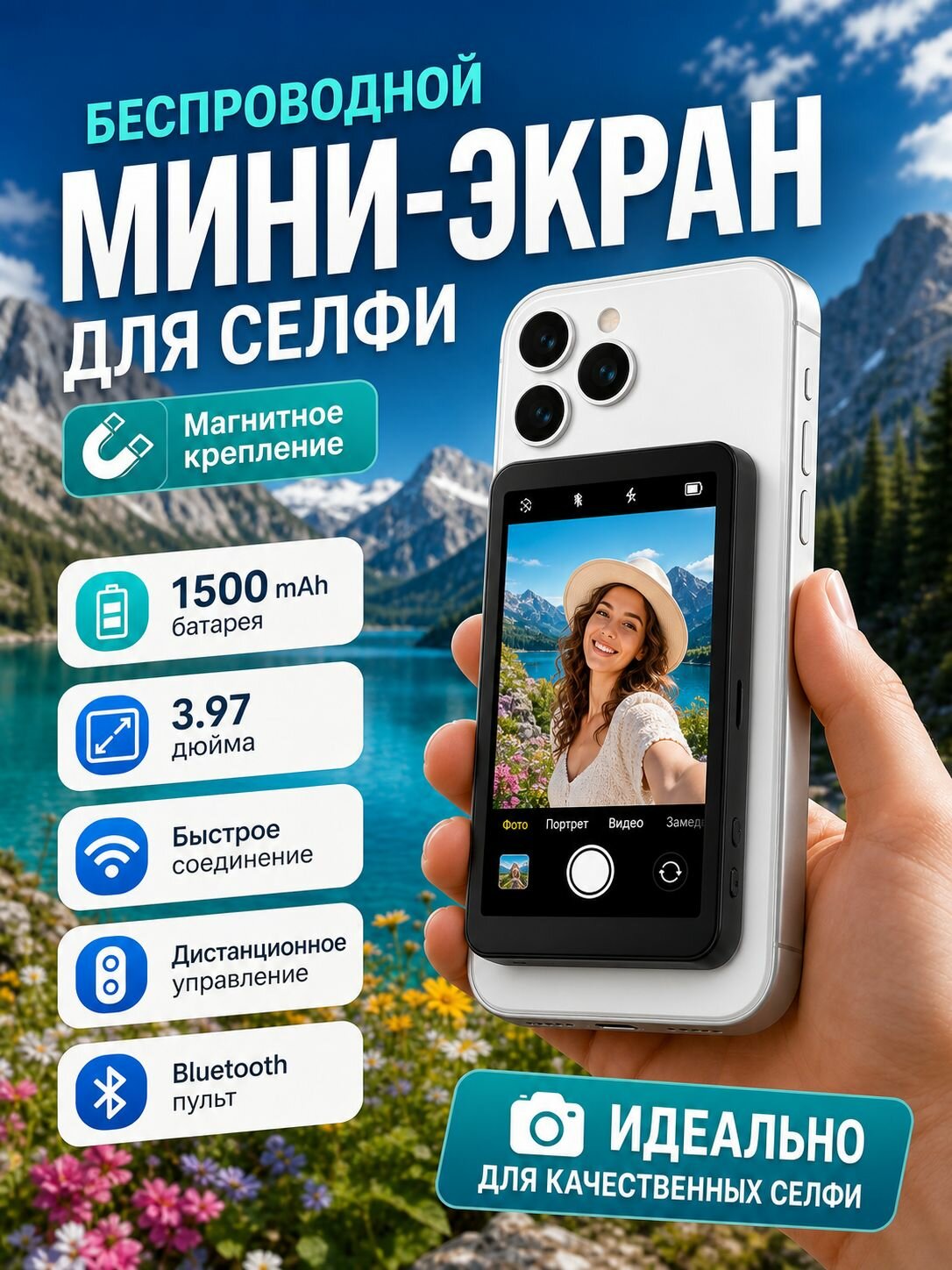 Беспроводной мини-экран для селфи 3.97, магнитный дисплей с Bluetooth-пультомчёрный