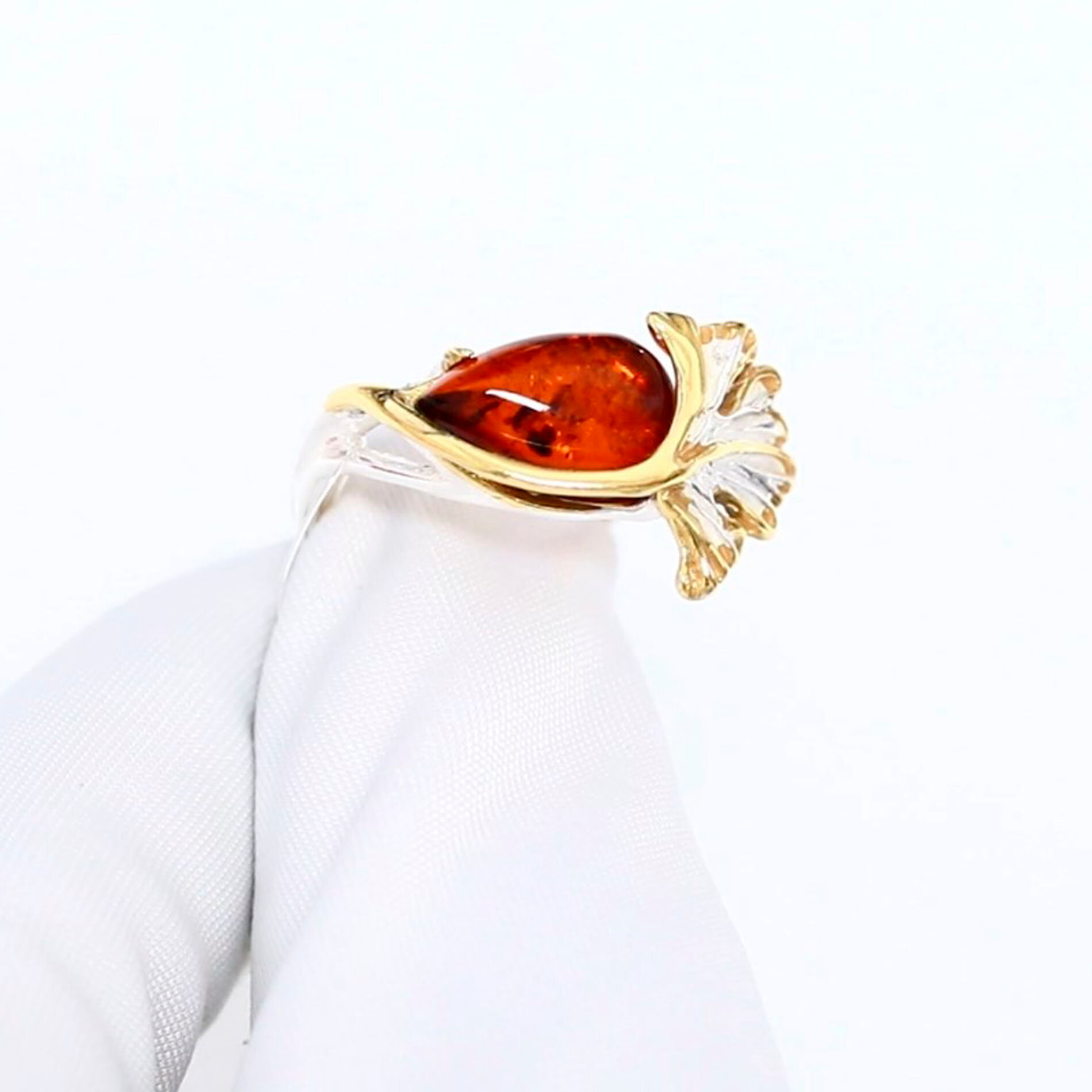 Кольцо, серебро, 925 проба, золочение, янтарь