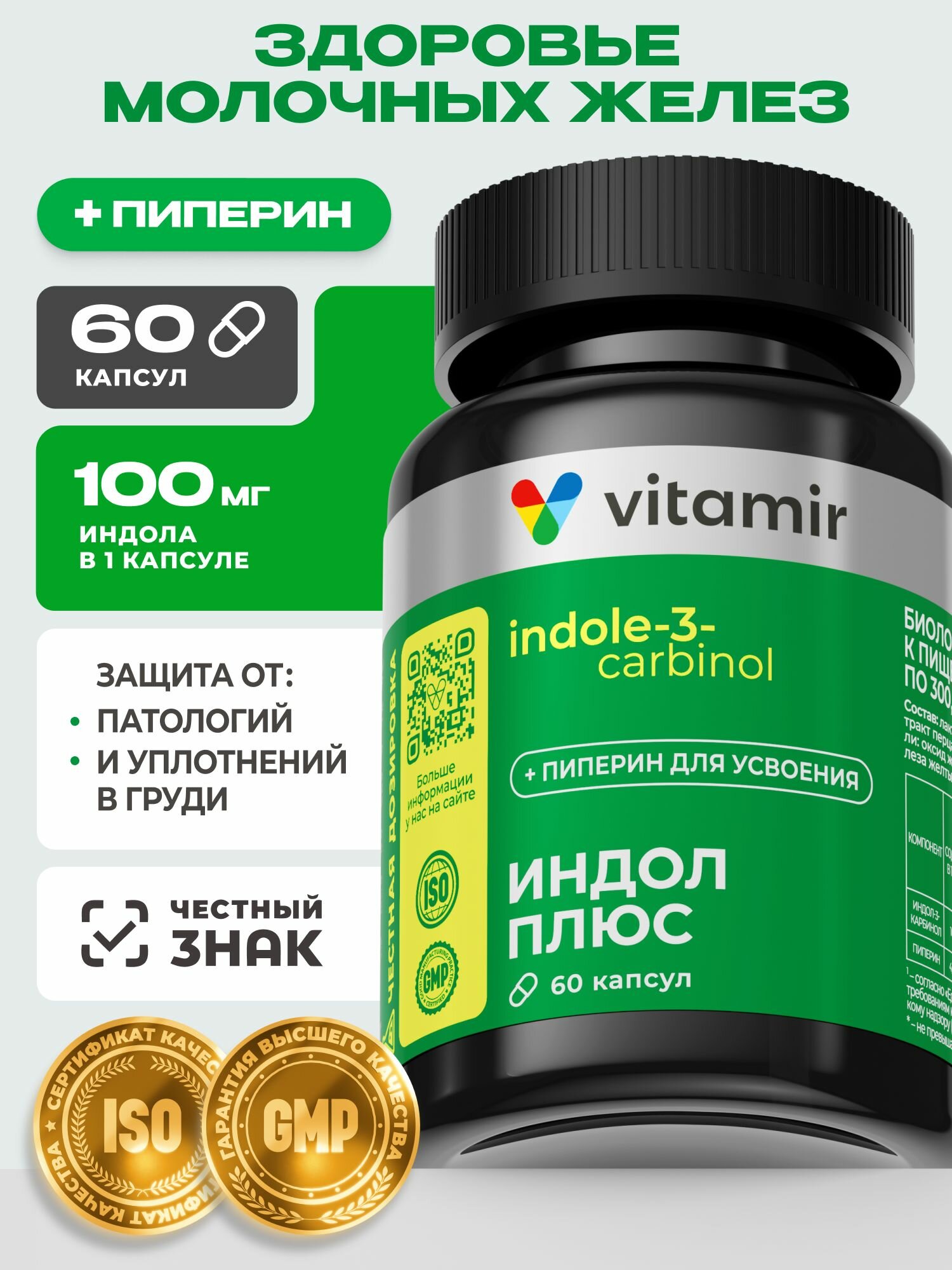 Индол 3 карбинол VITAMIR PRO / Витамины для женщин, для здоровья молочных желез / 60 капсул молочные железы женские витамины капсулы