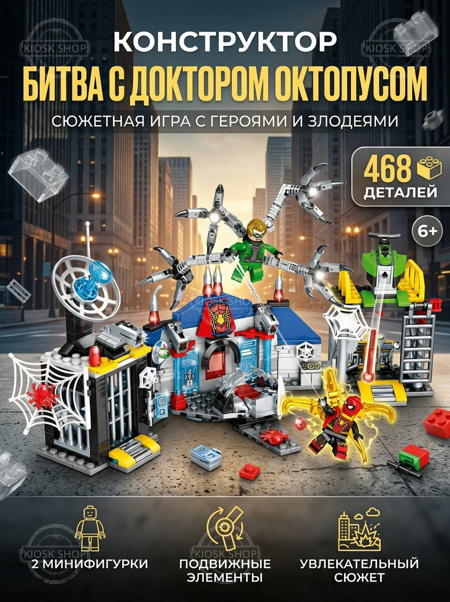 Конструктор Человек Паук Битва с доктором Осьминогом супергерои Marvel 468 деталей, в подарок для мальчиков