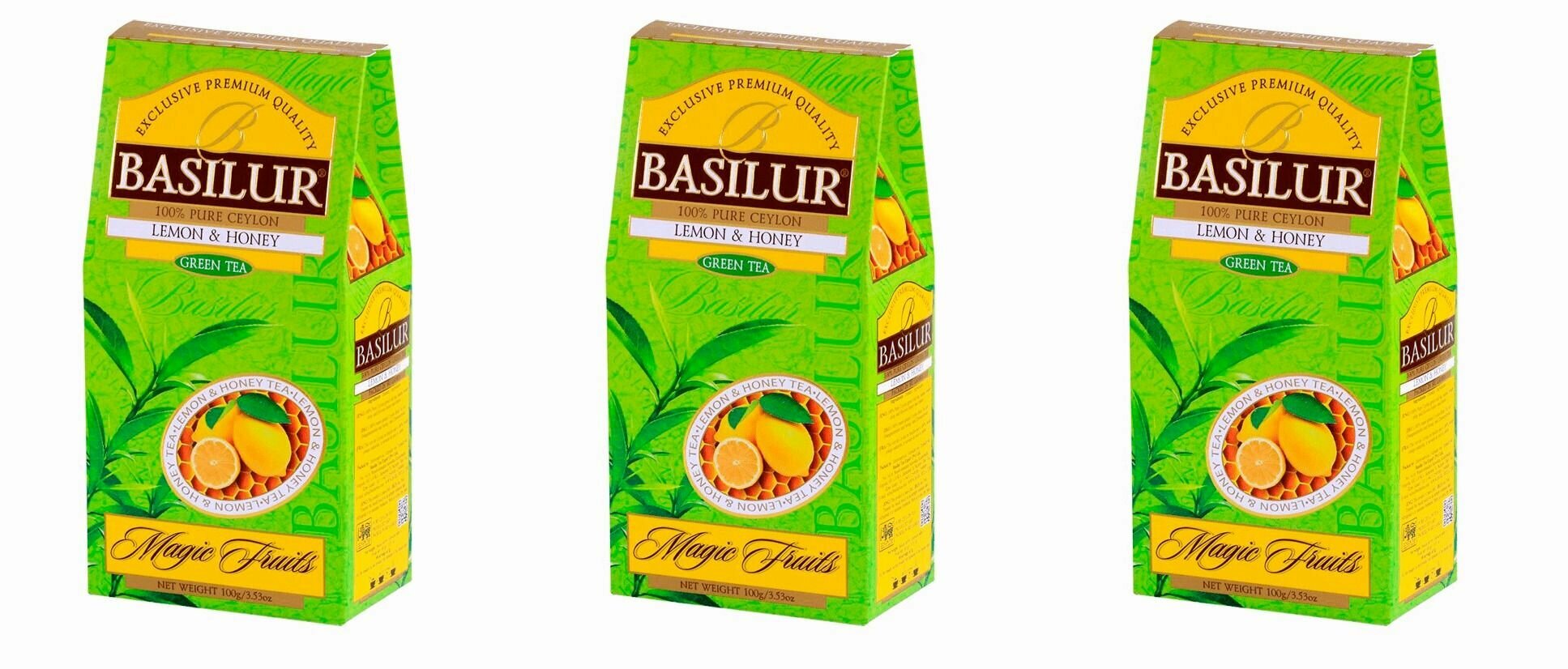 Basilur Чай листовой Волшебные фрукты Лимон и мёд зелёный, 100 г, 3 шт/