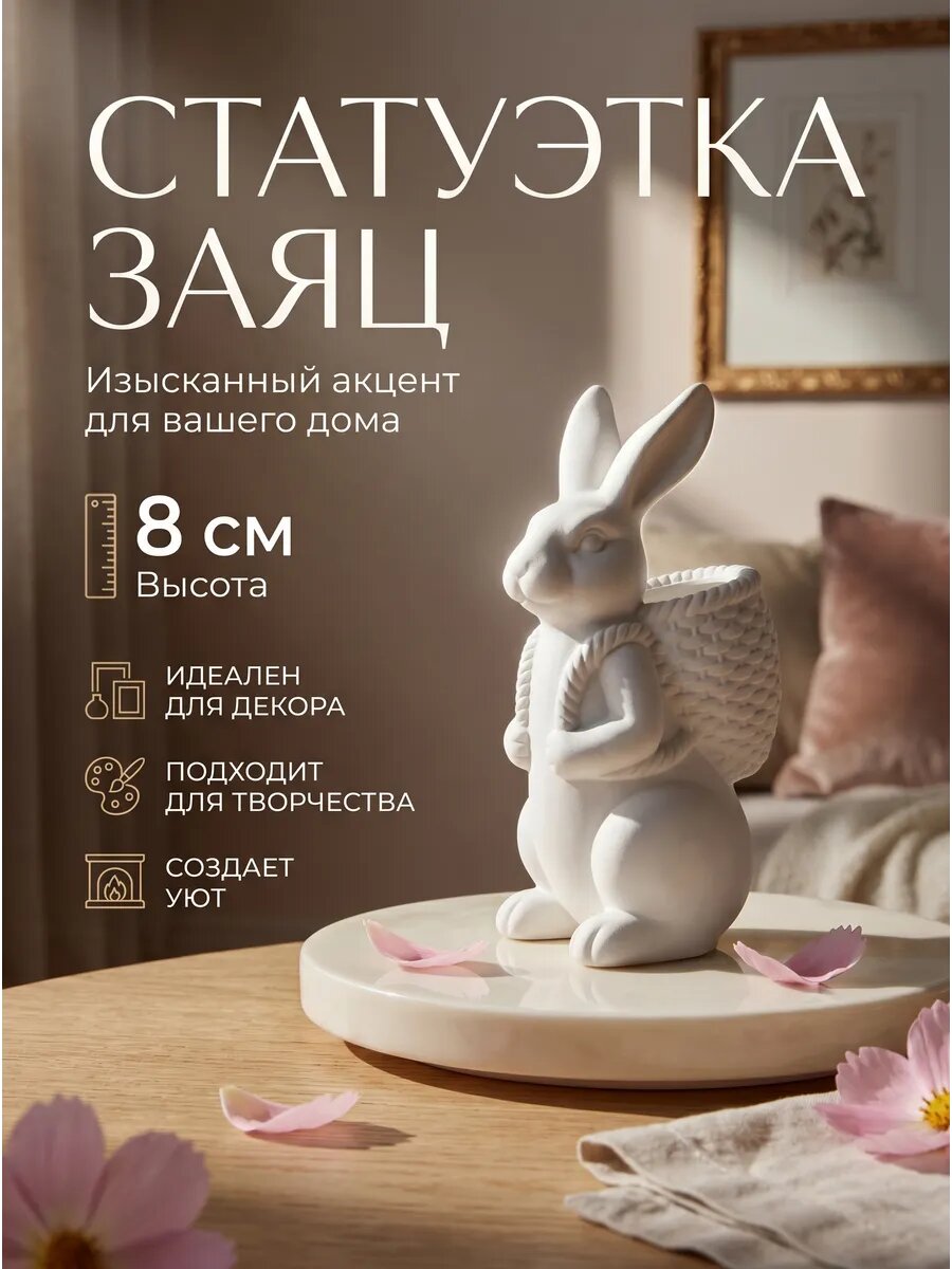 Фигурка декоративная Beam of love "Зайчик с корзинкой", гипс, белая