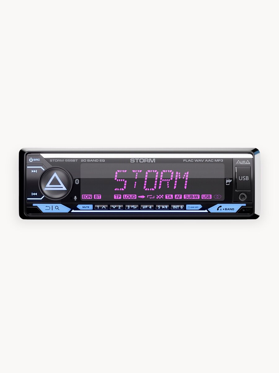 Процессорная магнитола AurA Storm-555BT, 1DIN, Bluetooth, AUX, USB, RGB, 4x51Вт