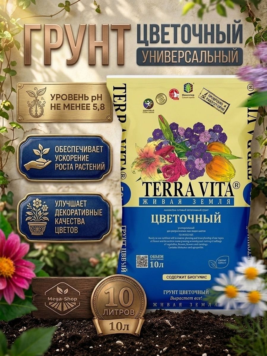 Живая Земля Цветочная 10 л. Питательный Грунт Terra Vita универсальный для всех видов цветов. Субстрат Терра Вита для рассады