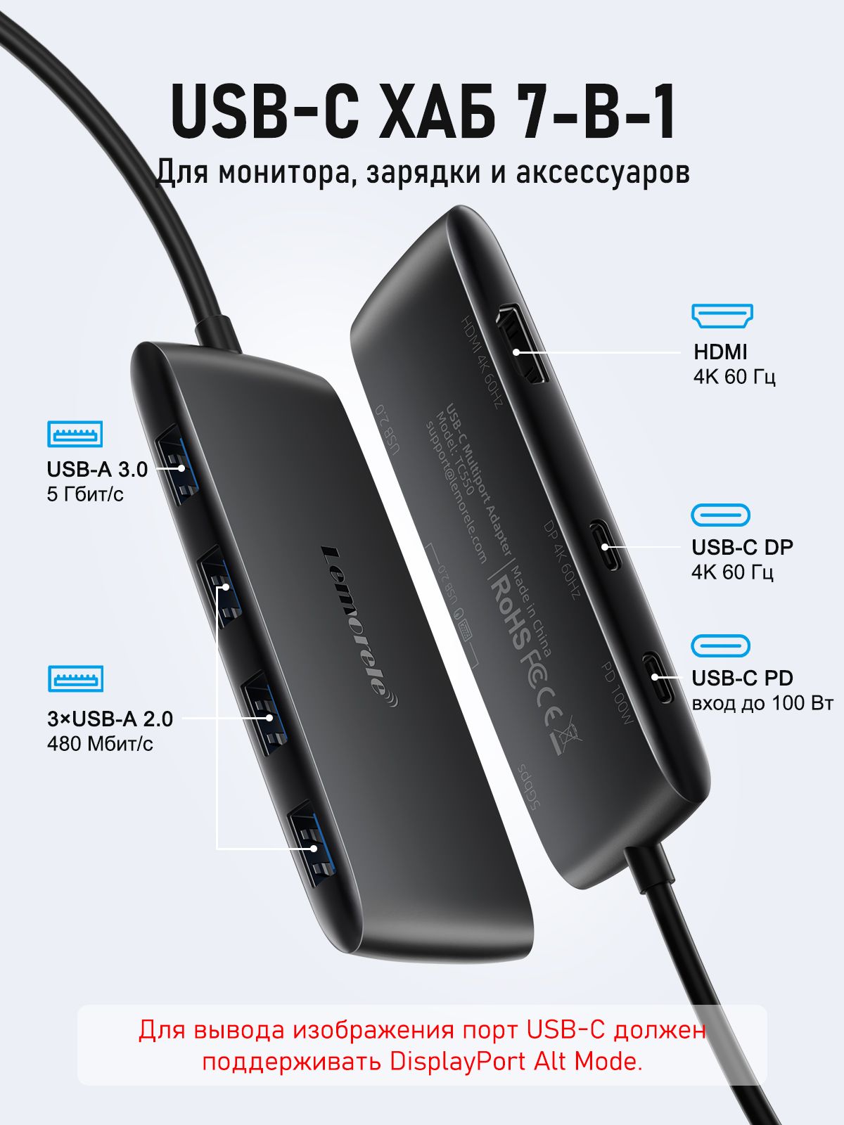 Lemorele TC550 USB-C Док-станция, 2 4K@60Hz, HDMI 2.0, USB-C DP, PD 100W