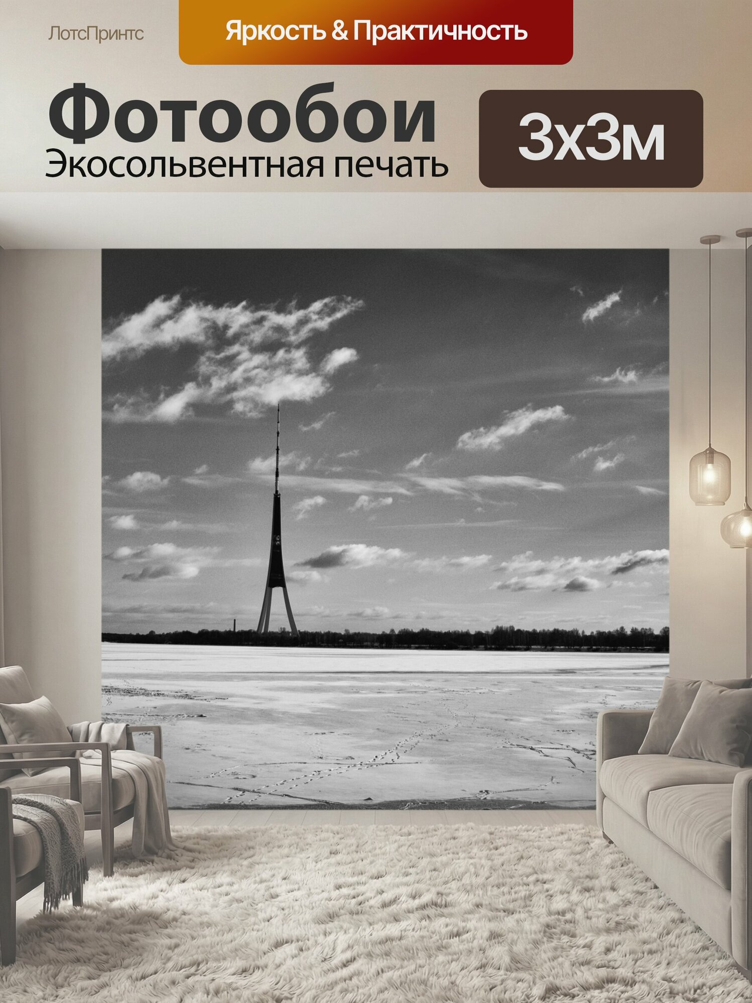 Фотообои "Телебашня Телебашня в Риге riga latvia tv tower cold snow river bw black white mood post card" 300x300 см. экосольвентная печать