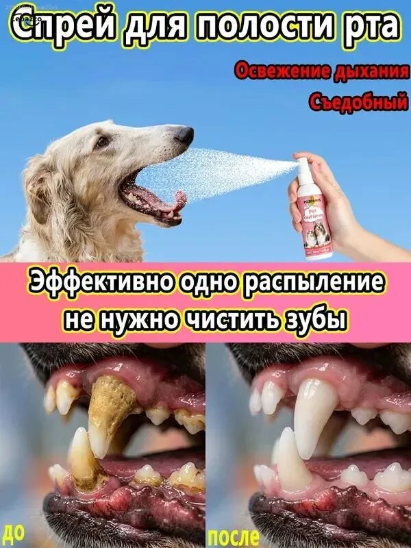 Спрей для полости рта для кошек и собак, 30 мл. Нежная антибактериальная обработка, свежее дыхание, удаление зубного налета и зубного камня, съедобные ингредиенты, нет необходимости чистить зубы.