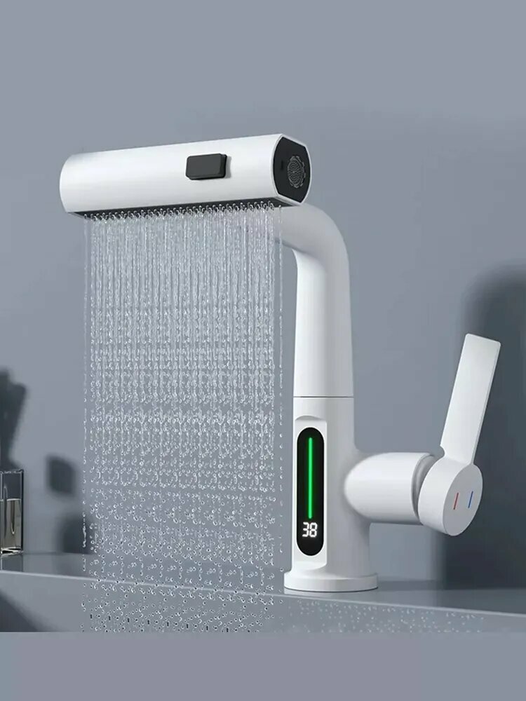 Смеситель для кухни, кран для раковины умный с цифровым дисплеем, выдвижным гибким изливом, 2 вытяжным изливом, 3-х режимная лейка