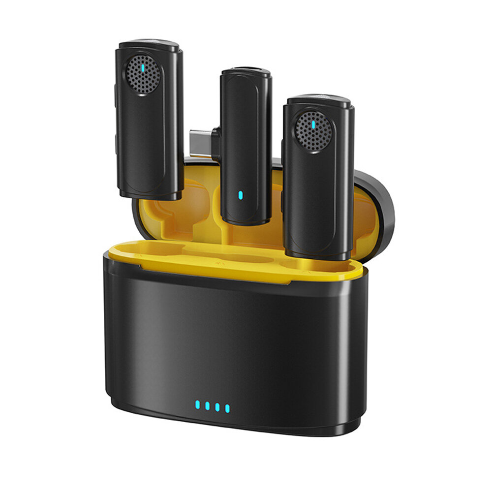 Система беспроводных микрофонов с 1 приемником + 2 передатчиками + 1 зарядным боксом Дальность передачи 20 м Встроенная батарея для телефонов Android Type-C Для потокового вещания Интервью Влога Материал ABS Тип передачи 2.4ГГц цифровая частота