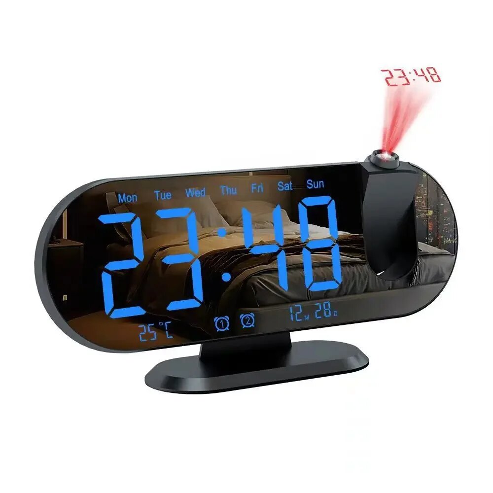 Проекционный будильник с проекцией времени на 180 °, электронный проектор времени, цифровой будильник для украшения прикроватного стола Black-Blue Alphabet