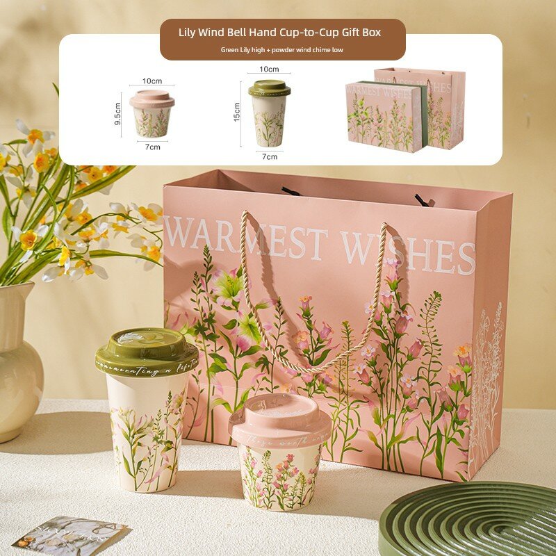 Набор керамических кофейных чашек и блюдечек Green Lily High-Style и Pink Bells Low-Style для пар