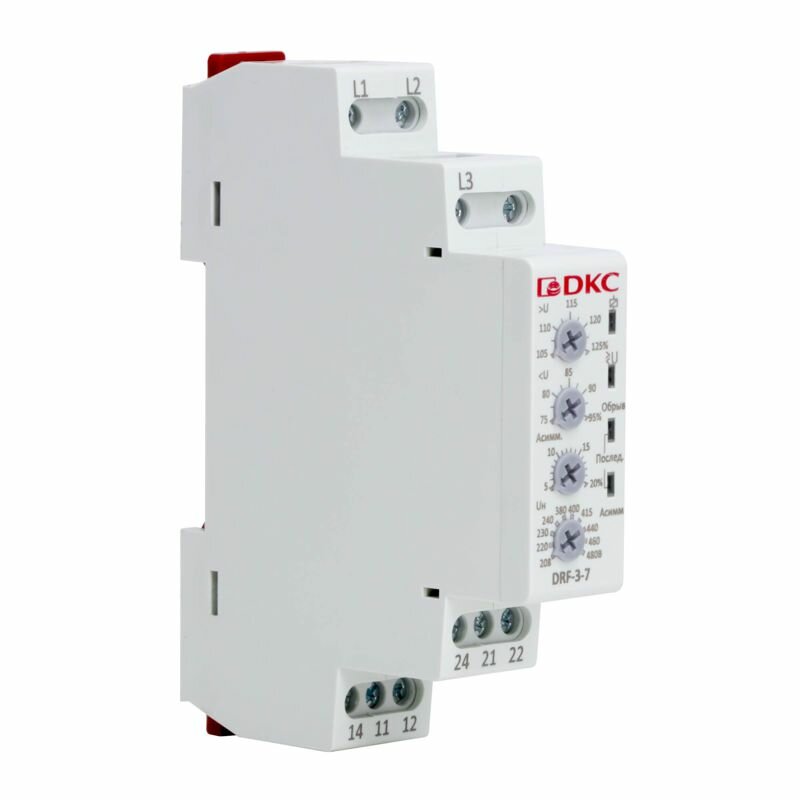 Реле контроля фаз тип DRF контроль напряжения обрыва фаз чередования фаз асимметрии конфигурация контакта 2CO.208-480В 3ф, DKC DRF-3-7 (1 шт.)