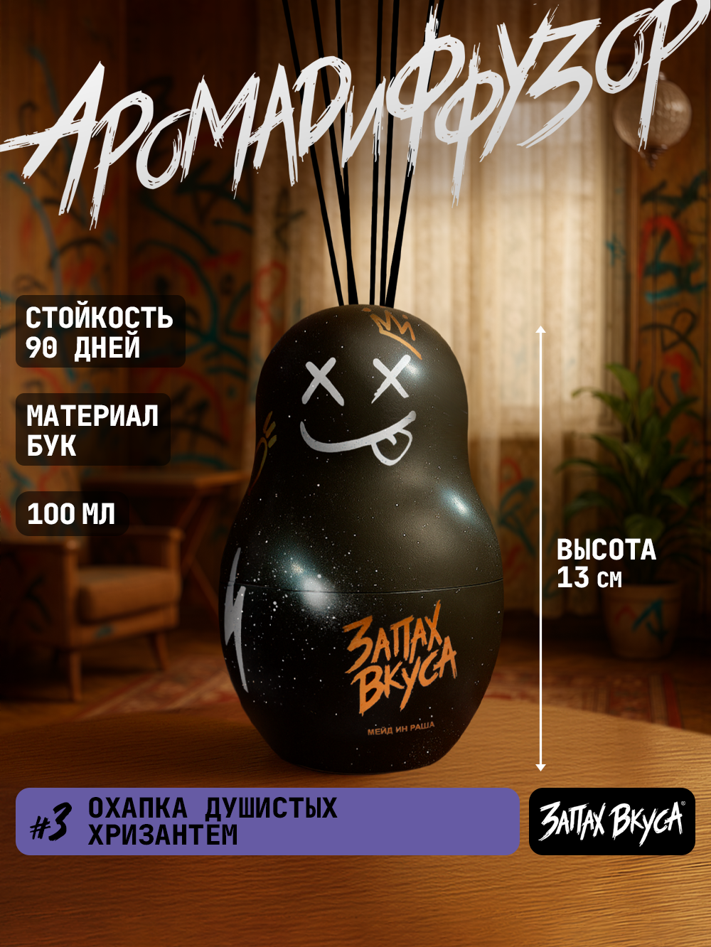 Ароматический диффузор для дома / Аромадиффузор с палочками #3 саботаж - 100 мл. / Запах Вкуса