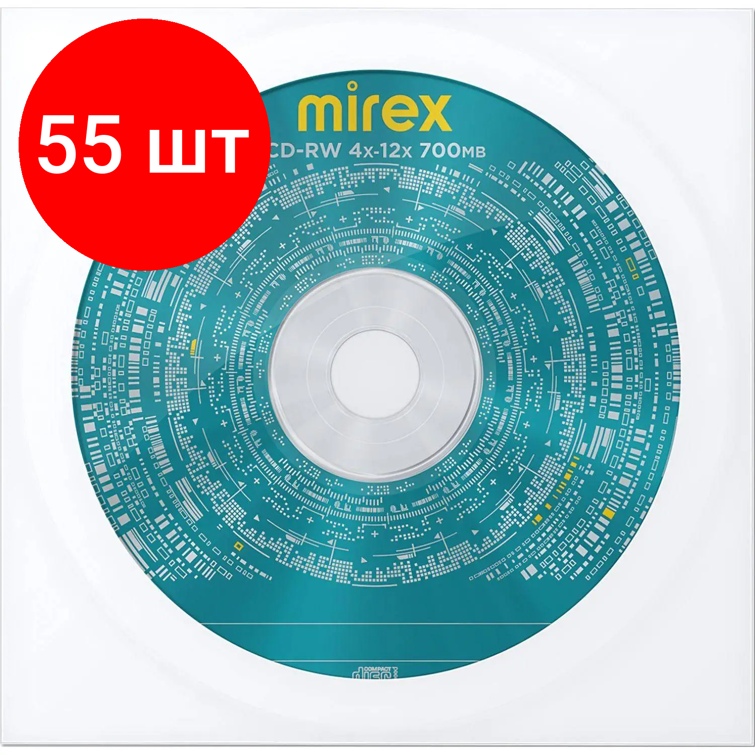 Комплект 55 штук, Носители информации CD-RW Mirex 700Mb 4x-12x в конверте 1/150 (UL121002A8C)