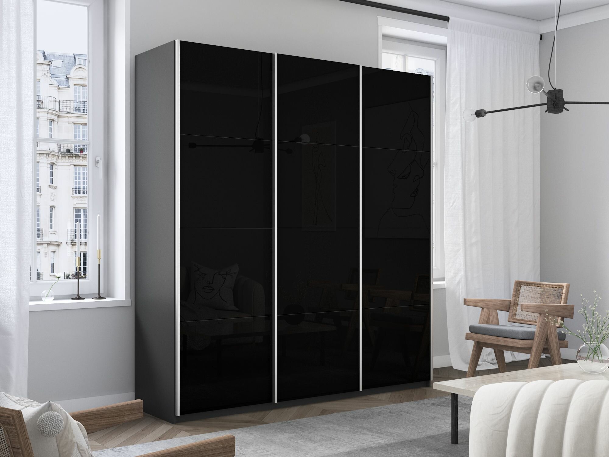 Шкаф-купе Билли 3-х дверный, (Стекло черн.) 210х57х230 см. Серый диамант