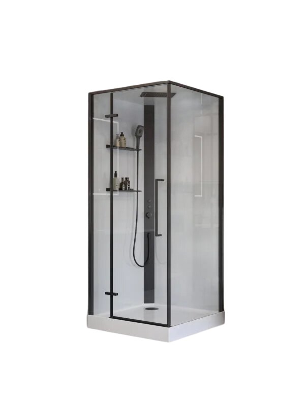 Душевая кабина BelBagno Uno UNO-CAB-A-1-90-C-NERO-Bi-TOP-L низкий поддон, стеклянная, 90x90, квадратная, с распашной дверью, закрытая (с крышей), без гидромассажа, с функцией тропический душ