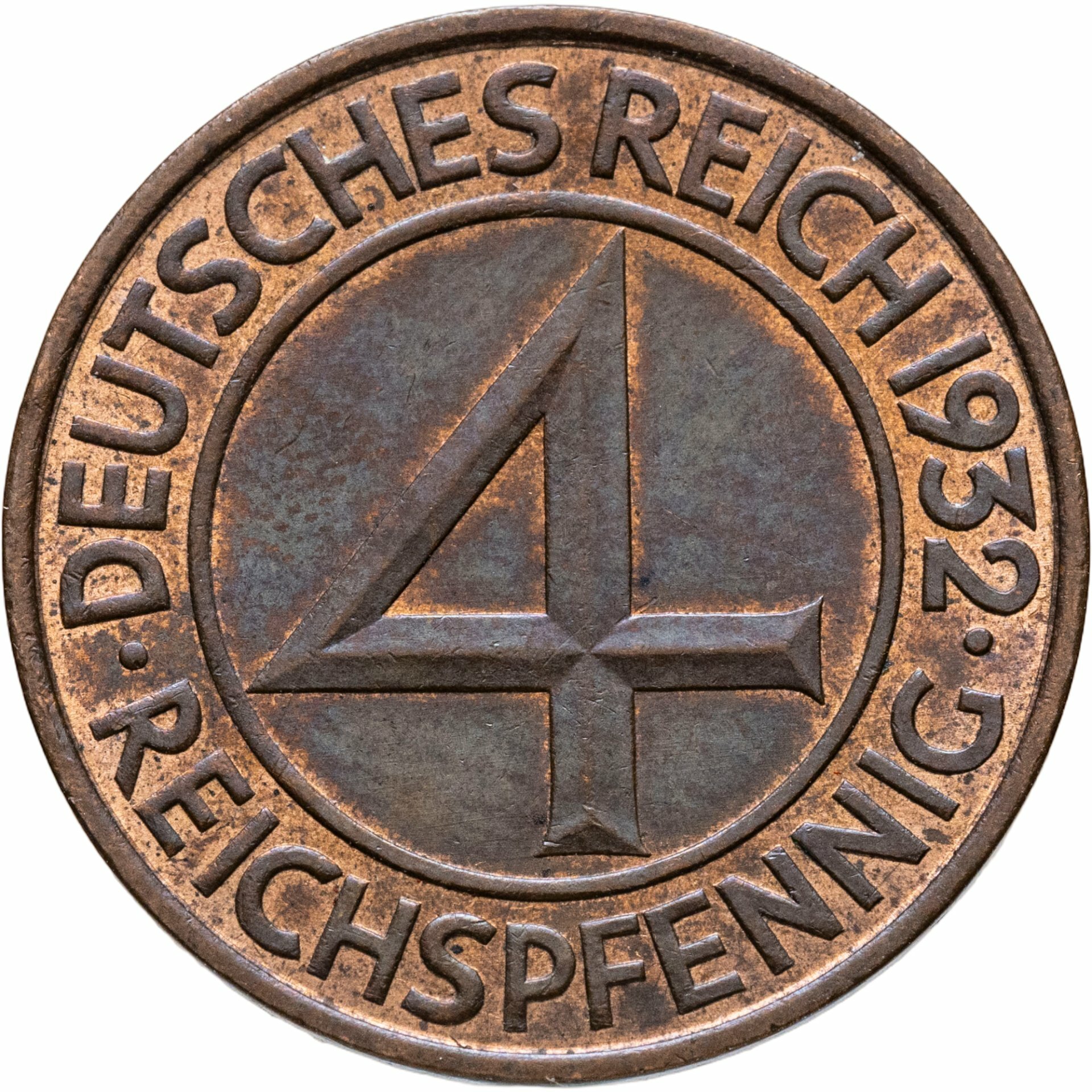 Германия 4 рейхспфеннига reichspfennig 1932, знак монетного двора "A" — Берлин, Бронза, в сохранности UNC