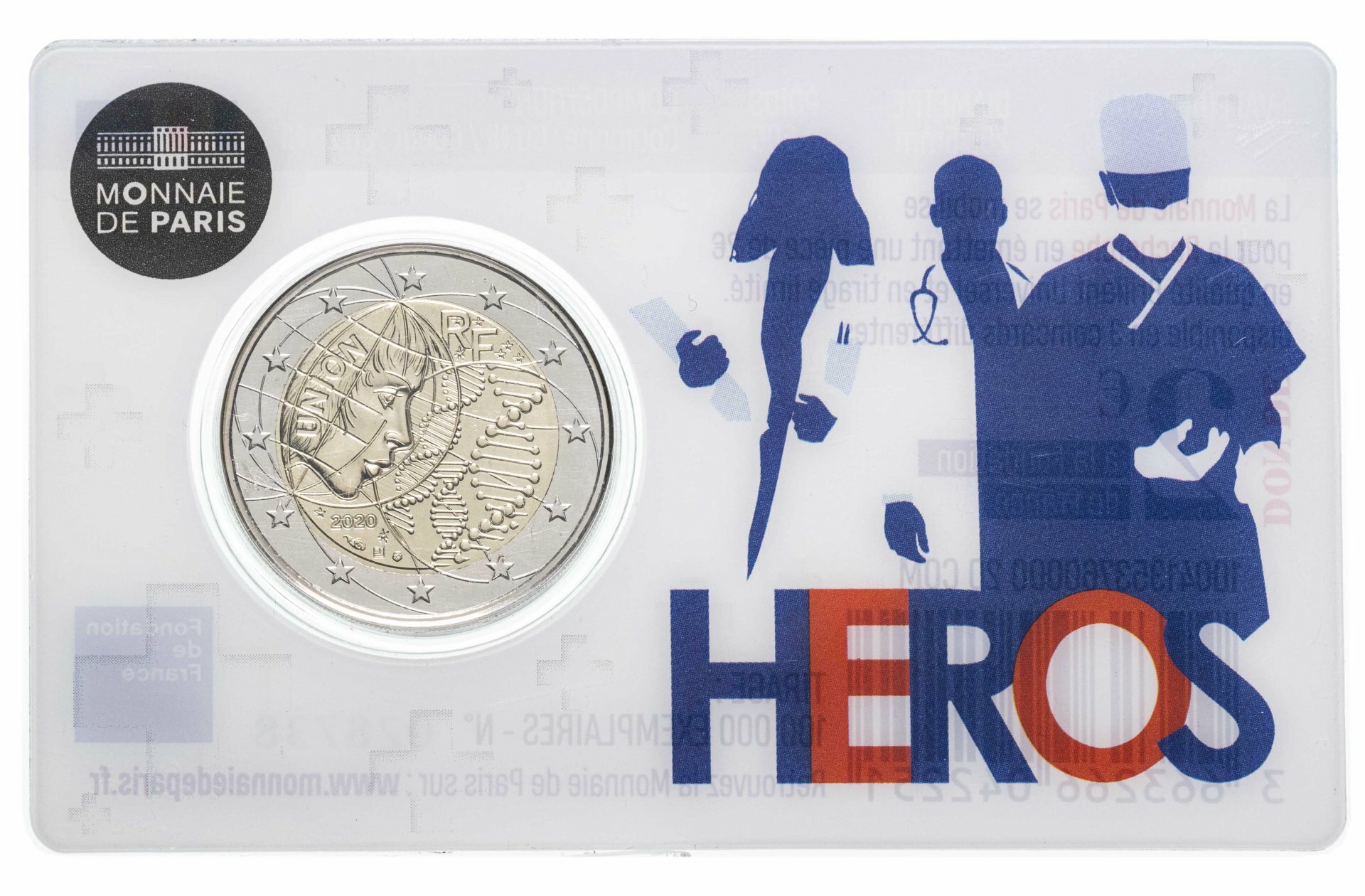 Франция 2 евро 2020 "Медицинские исследования - Ковид -19 №1 - "Герои" coincard, Биметалл, в сохранности BUNC