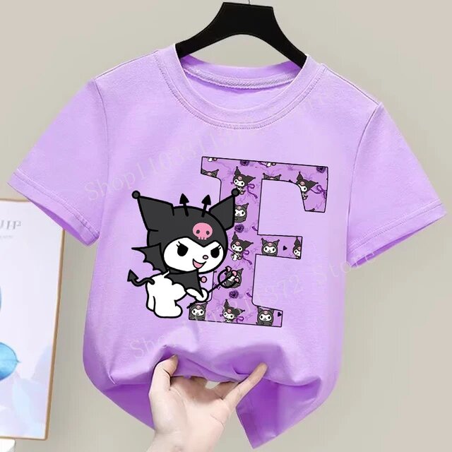 Детская футболка Sanrio Kuromi с милым мультяшным принтом в виде букв AZ и аниме, модная одежда для девочек, топы из хлопка с короткими рукавами для малышей, Размер:130