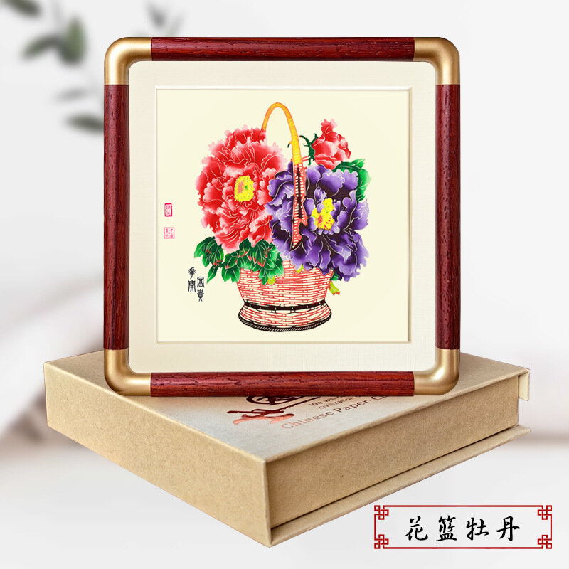 Китайский стиль, характерный для Вэйсянь, ручная работа, бумажная резьба, декоративная живопись, цветущая богатство, рамка из массива дерева с медным уголком, экспортный подарок