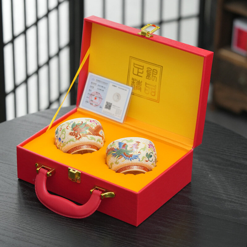 Позолоченная серебряная чашка для чая с изображением дракона и феникса, чашка для чая из серебра 999 пробы, серебряная чаша, керамическая чашка для хозяина, ручная роспись, креативный подарочный чайный набор.