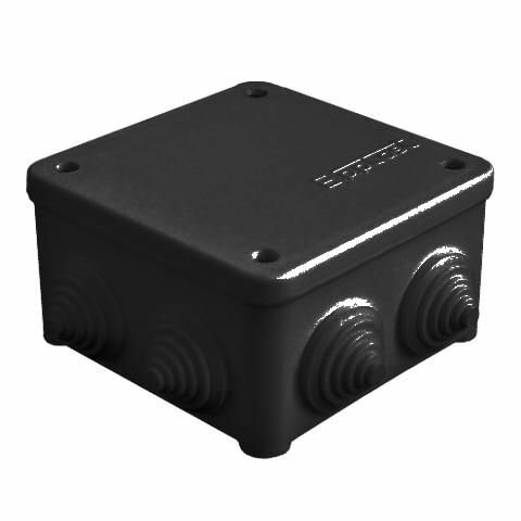 Распределительная коробка Электропромпласт черная, 85х85х45 мм, IP54, 7 выходов, 3 гермоввода, крышка на винтах, полипропилен