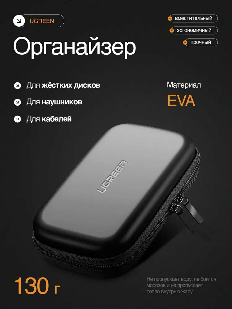 Органайзер для проводов и зарядок. Дорожная сумка для кабелей и аксессуаров UGREEN LP128, черный