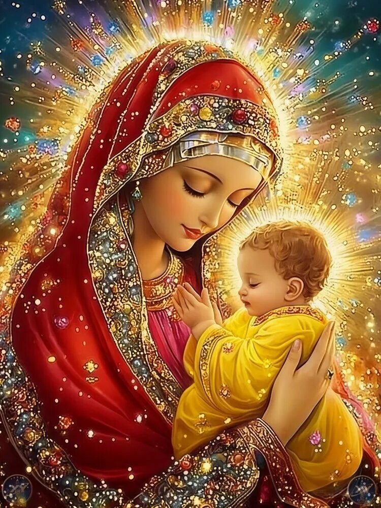 Алмазная картина "Богородица с Младенцем", 40X50 см. Православная икона, золотые узоры.