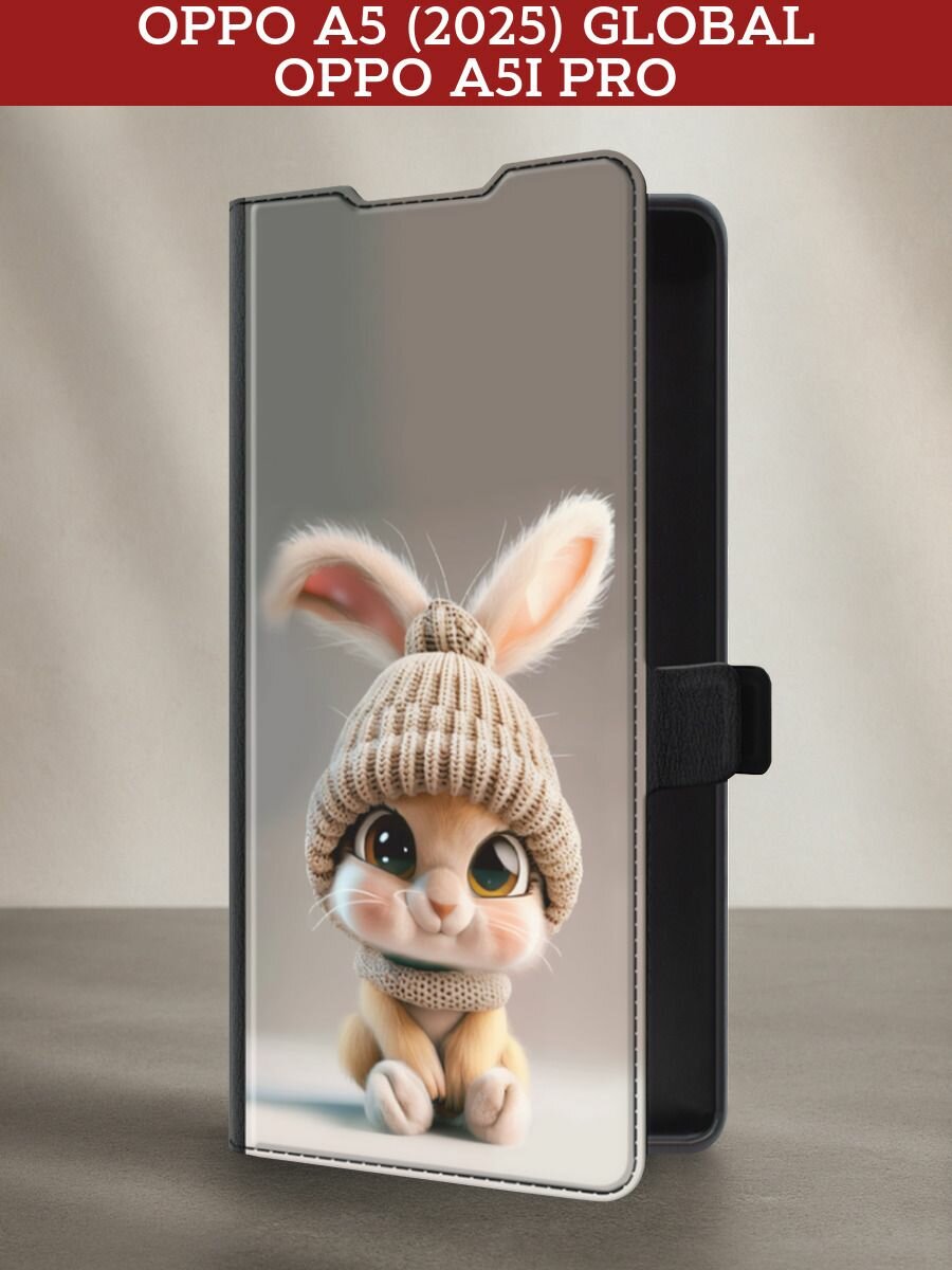 Чехол-книжка на Oppo A5 (2025) Global/A5i Pro / Оппо A5 (2025) Глобал с принтом Крольчонок в вязаной шапке, черный