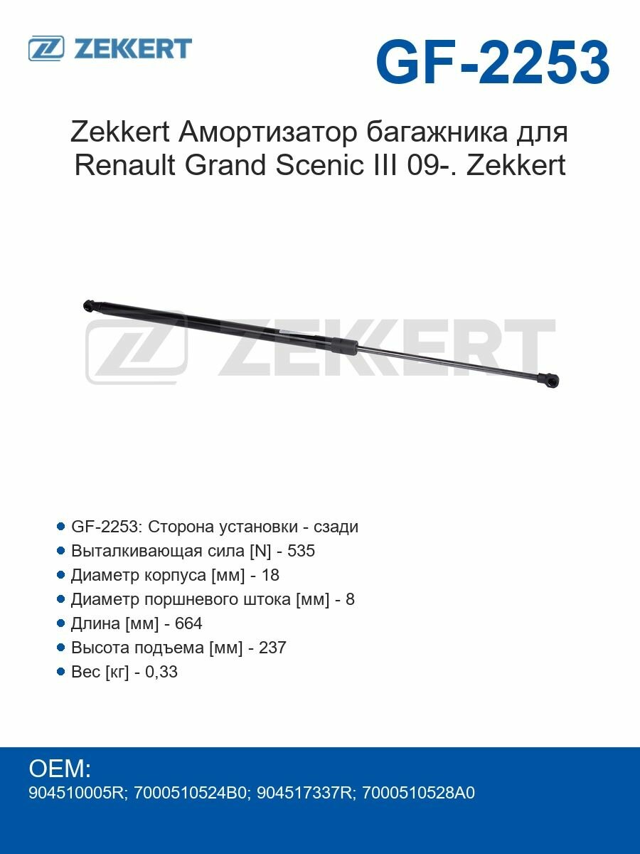 Zekkert Амортизатор багажника для Renault Grand Scenic III 09-. Zekkert