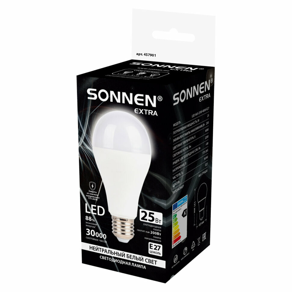 Лампа светодиодная SONNEN EXTRA, 25 (200) Вт, Е27, груша, нейтральный белый, 30000 ч, LED A65-25W-4000-Е27, 457901, 457901