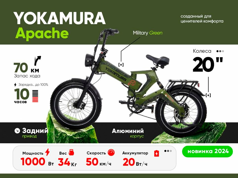 Электровелосипед (фэтбайк) Yokamura Apache 20" 48V/20Ah Military Green