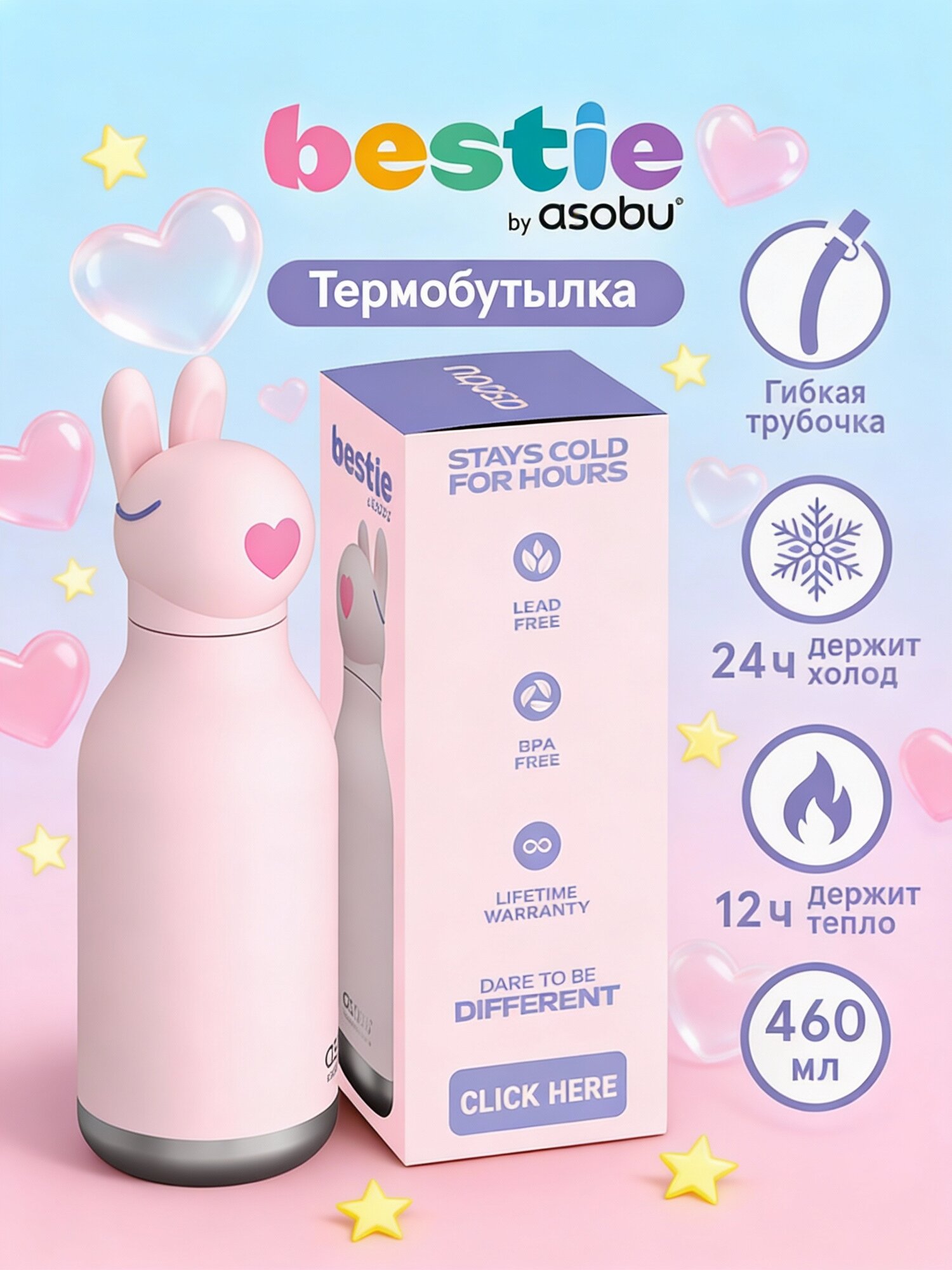 Термобутылка для воды с трубочкой Asobu Bestie Кролик, для холодных и горячих напитков, 460 мл