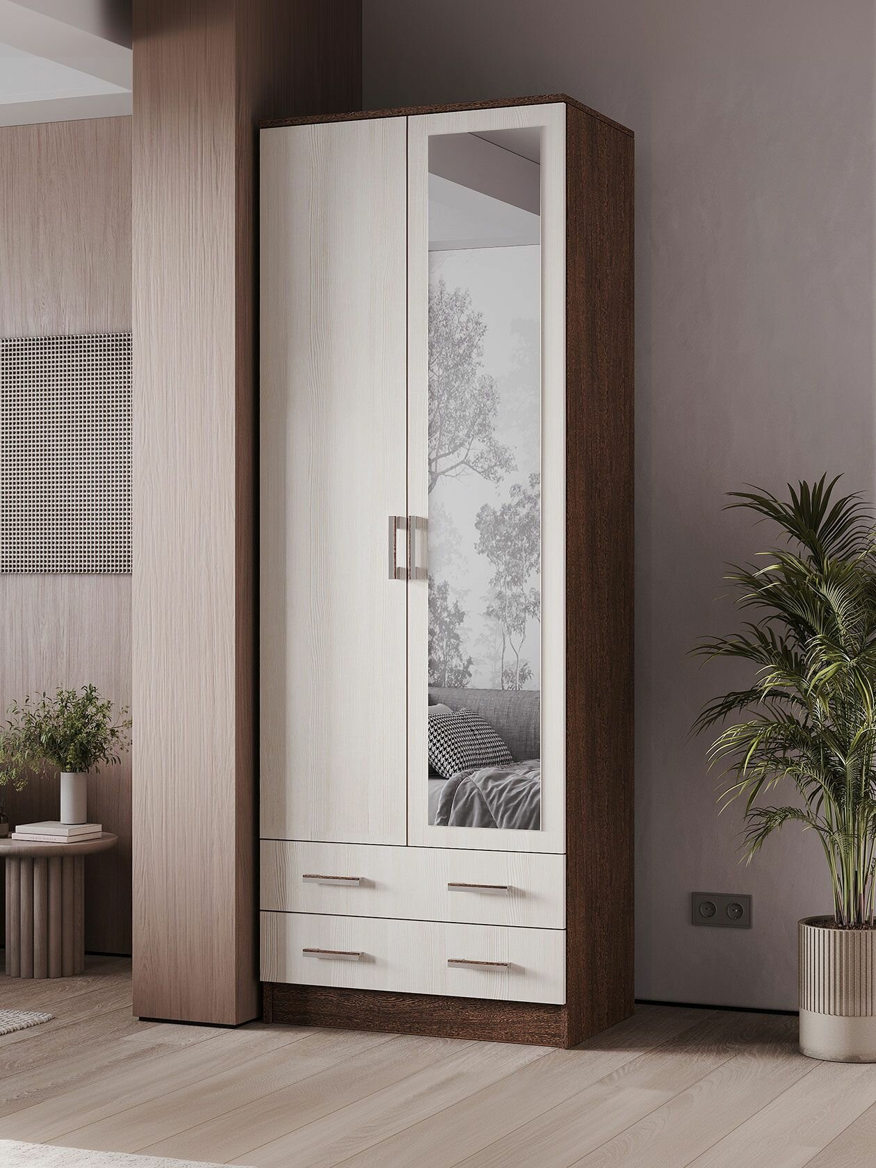 Распашной шкаф для одежды и хранения вещей Прагма с зеркалом, с ящиками, со штангой для одежды, 80х48.7х220 см, Венге / Лоредо