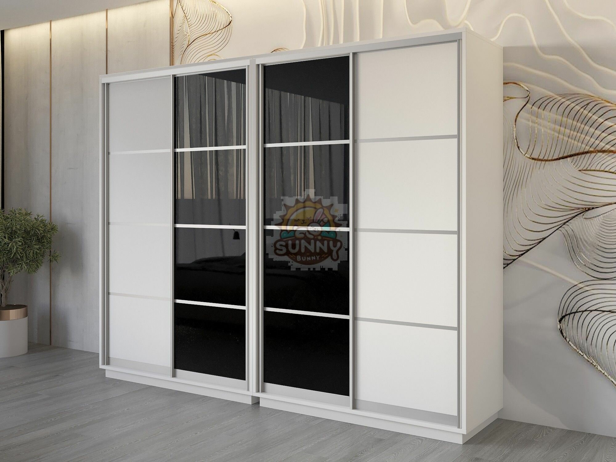 Шкаф-купе Флорида 4дв. (2+2) ЛДСП 2/Стекло черное 2, профиль серебро, 280х60х220 см. Белый снег