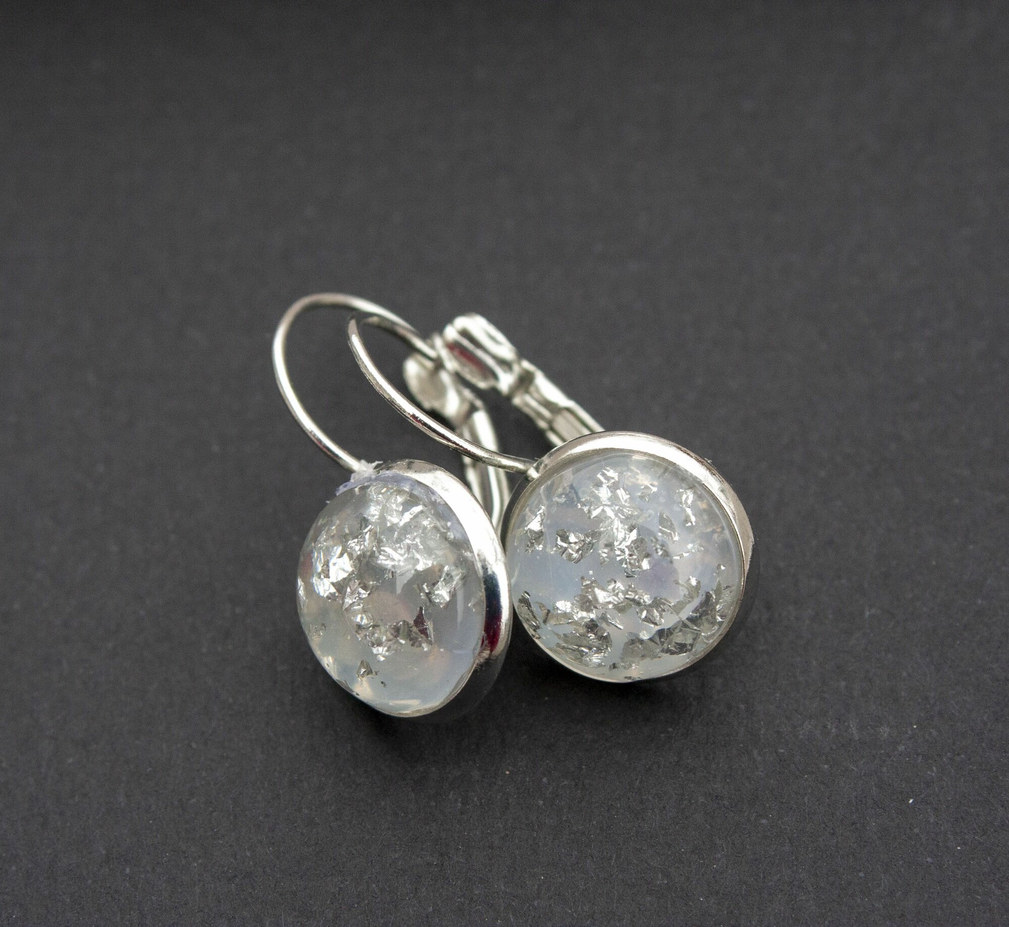 Серьги "Фольга" круглая вставка 12 мм, замок левербек, прозрачный