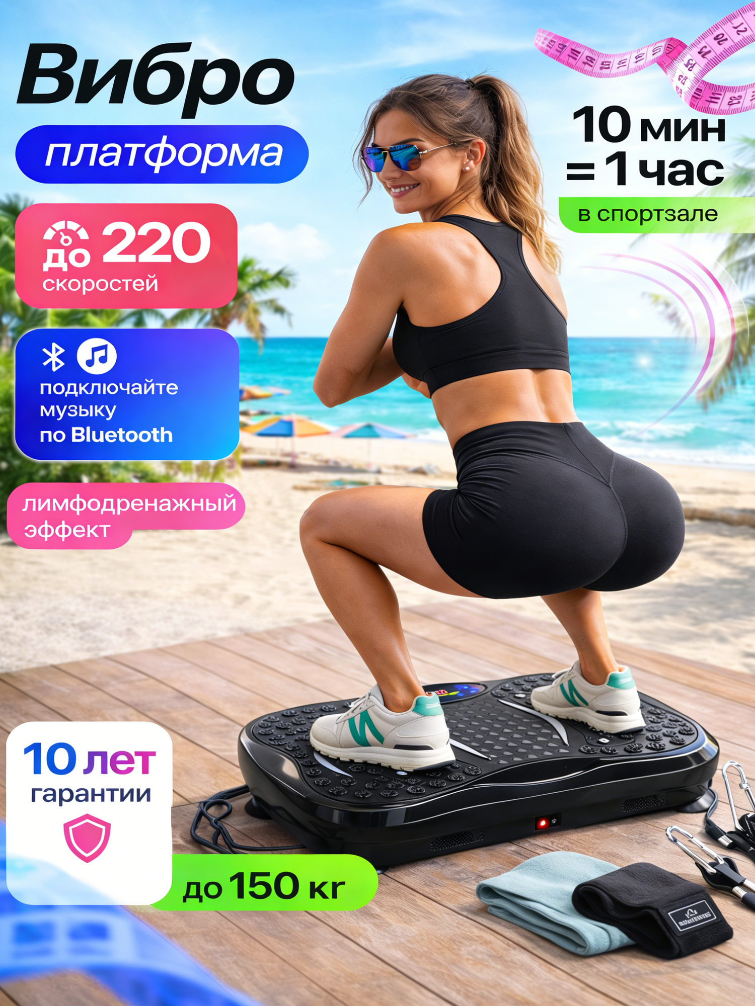 Виброплатформа для похудения, пластик, черная, 150кг, 2 скорости