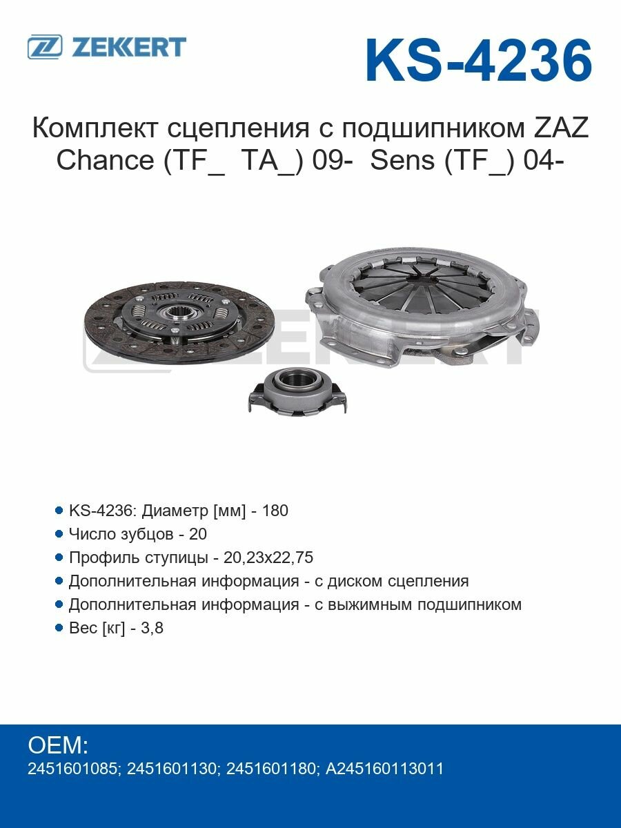 Zekkert Комплект сцепления с подшипником ZAZ Chance (TF_ TA_) с 2009 года Sens (TF_) с 2004 года