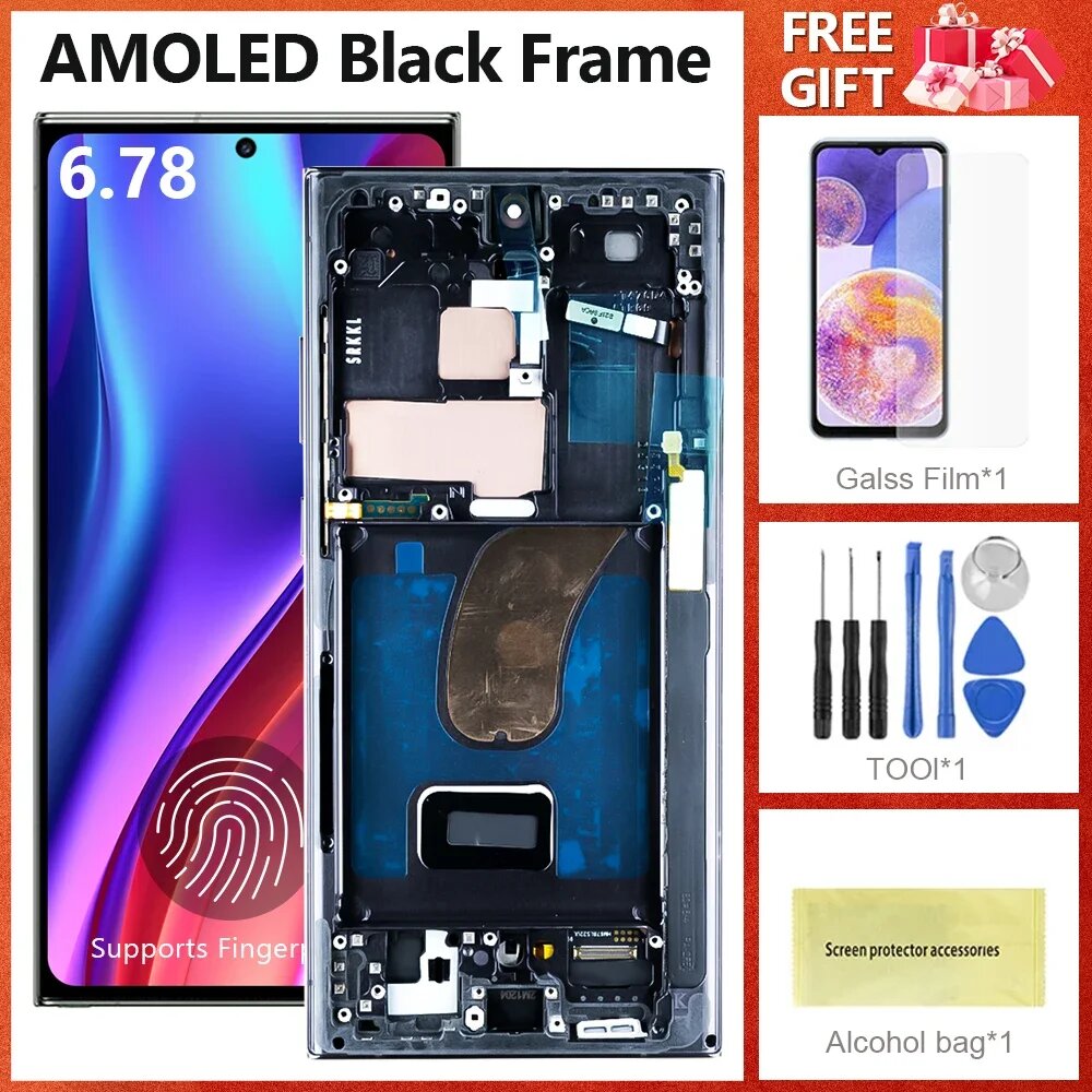 S23 Ultra дисплей с рамкой для Samsung S23 Ultra S918 SM-S918B SM-S918U ЖК-дисплей с цифровым преобразователем сенсорного экрана в сборе OLED Black Frame