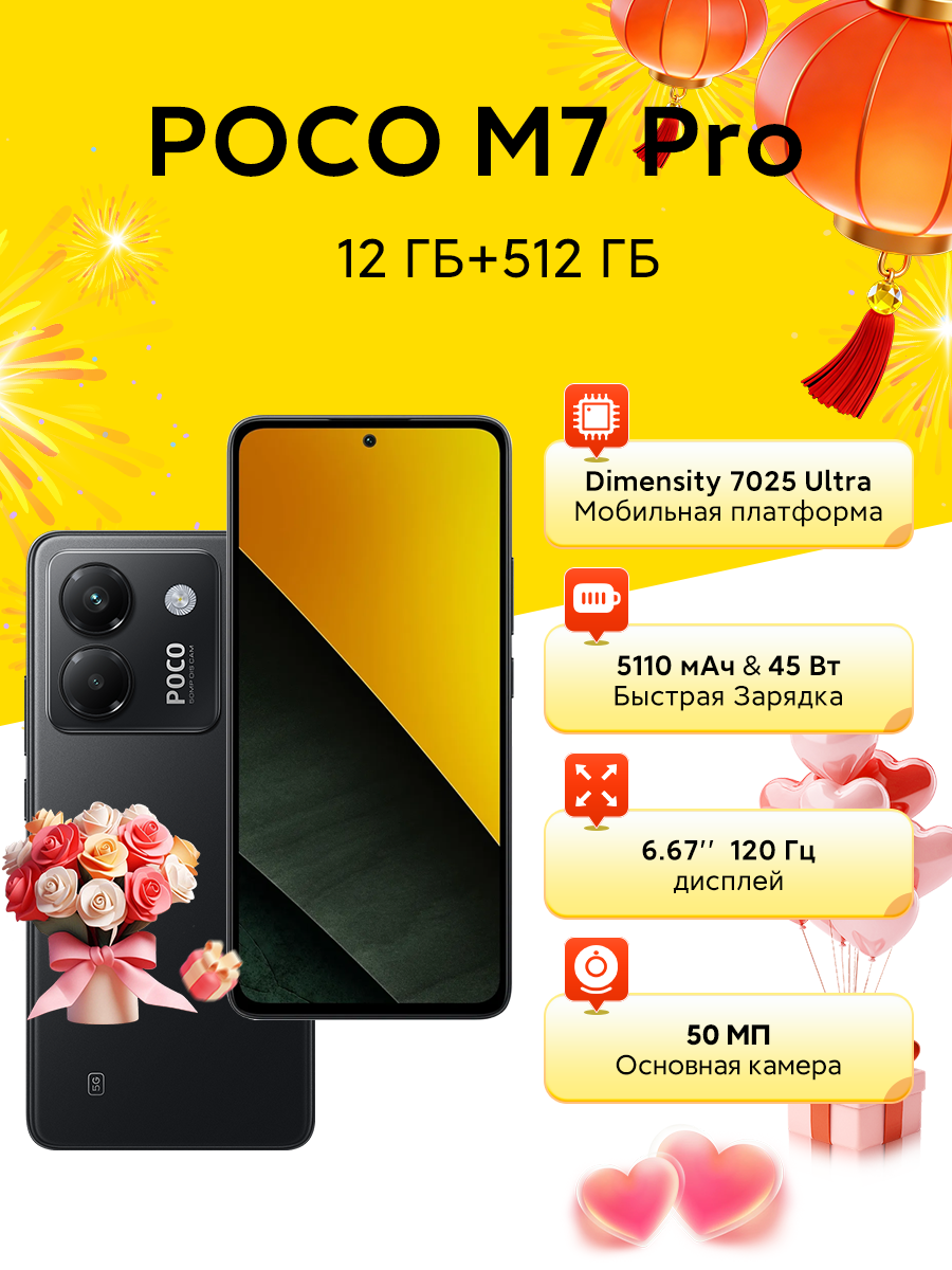 Смартфон Xiaomi Poco M7 Pro 5G 12/512, Dual nano SIM, Black (черный) EU