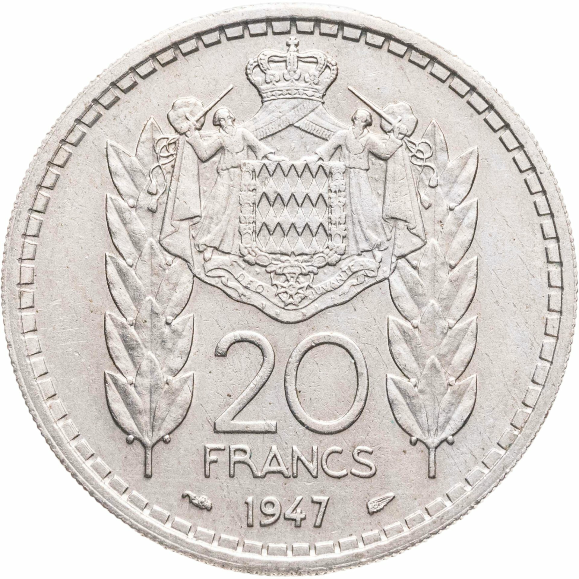 Монако 20 франков francs 1947, Мельхиор медь-никель, в сохранности XF
