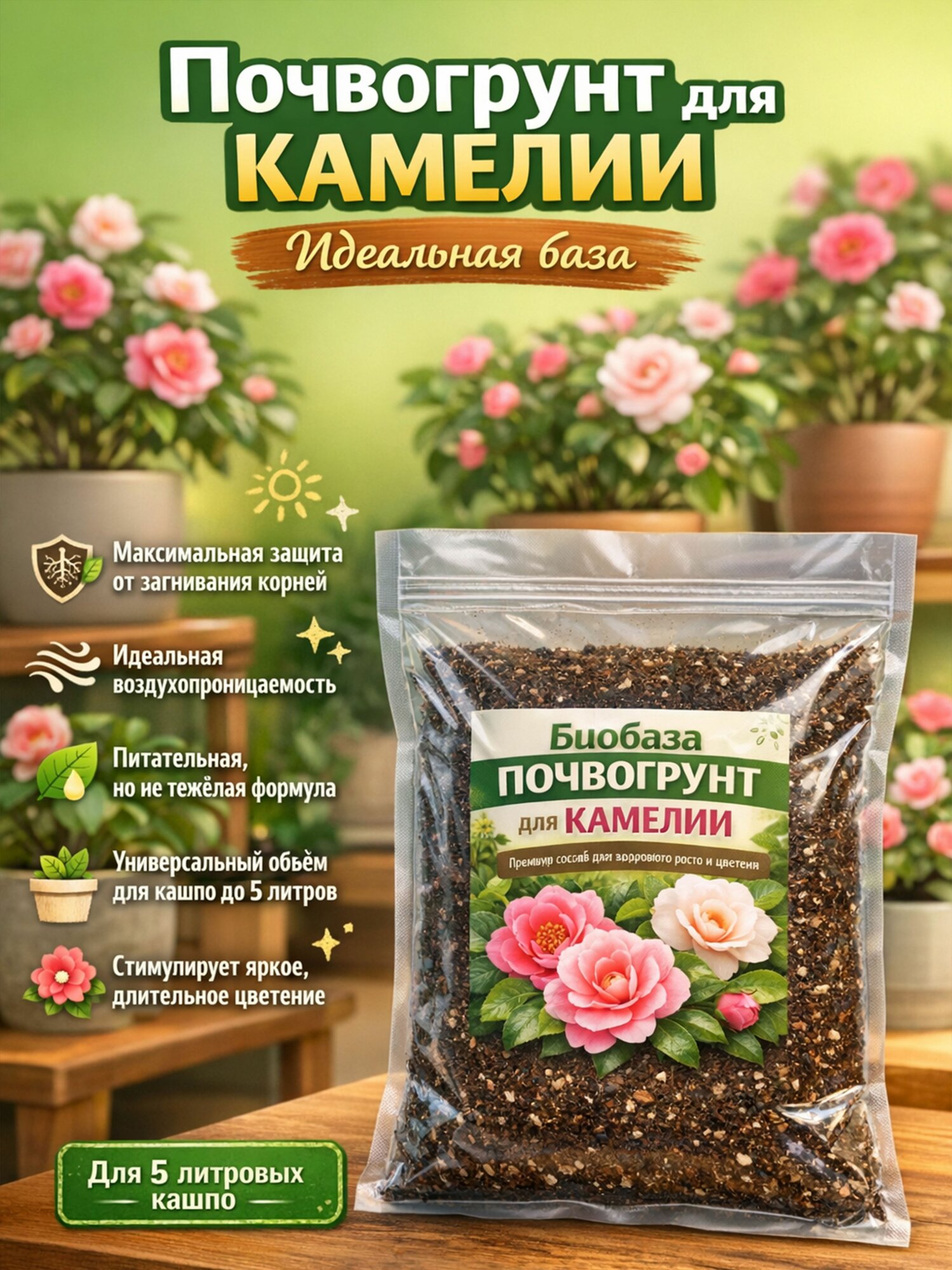 Почвогрунт для камелии для кашпо до 5л премиум грунт для растений