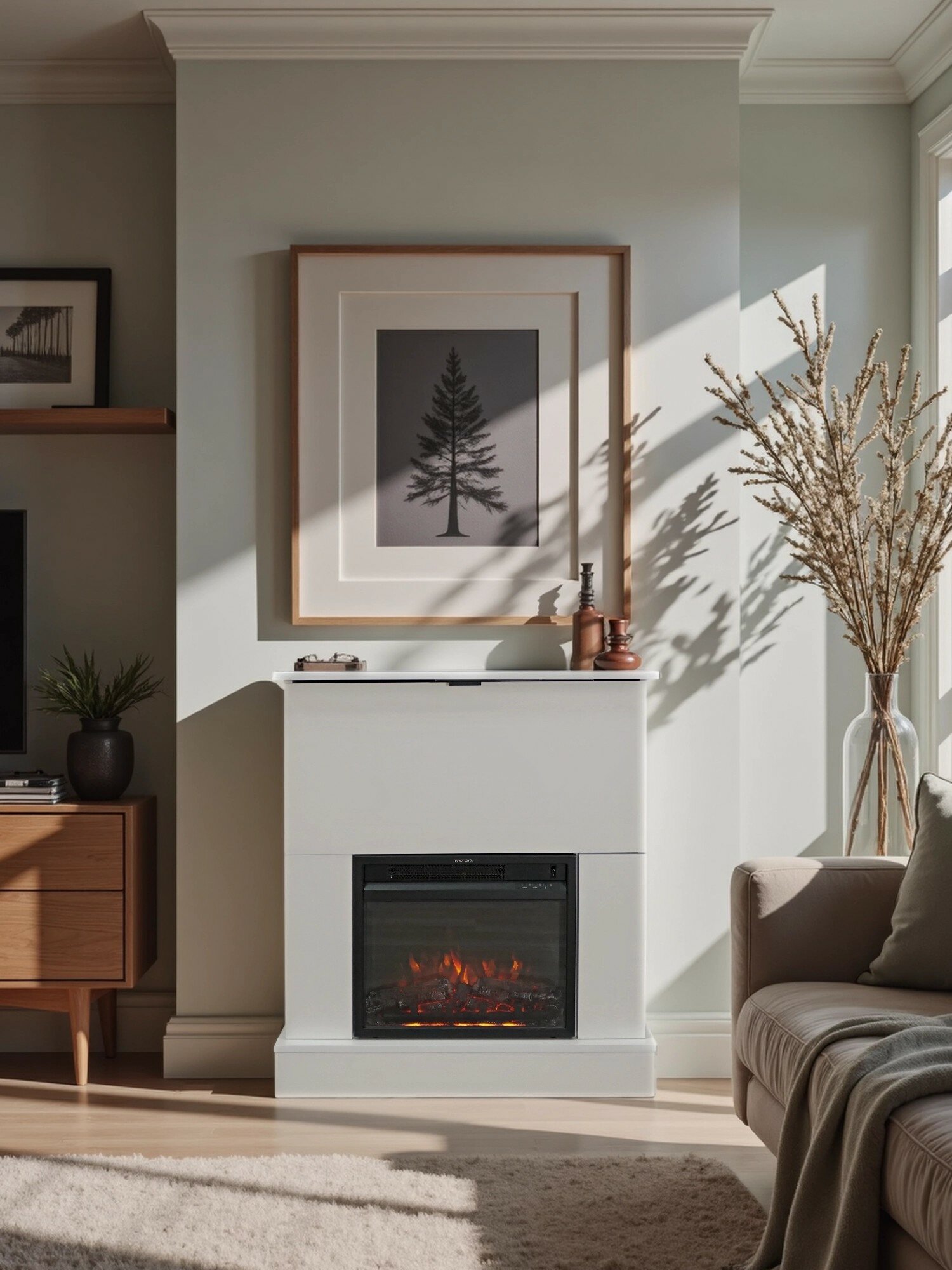 Камин электрический VITAMIN с белым порталом, мини-баром и хранением для бутылок. Цвет "Белый"